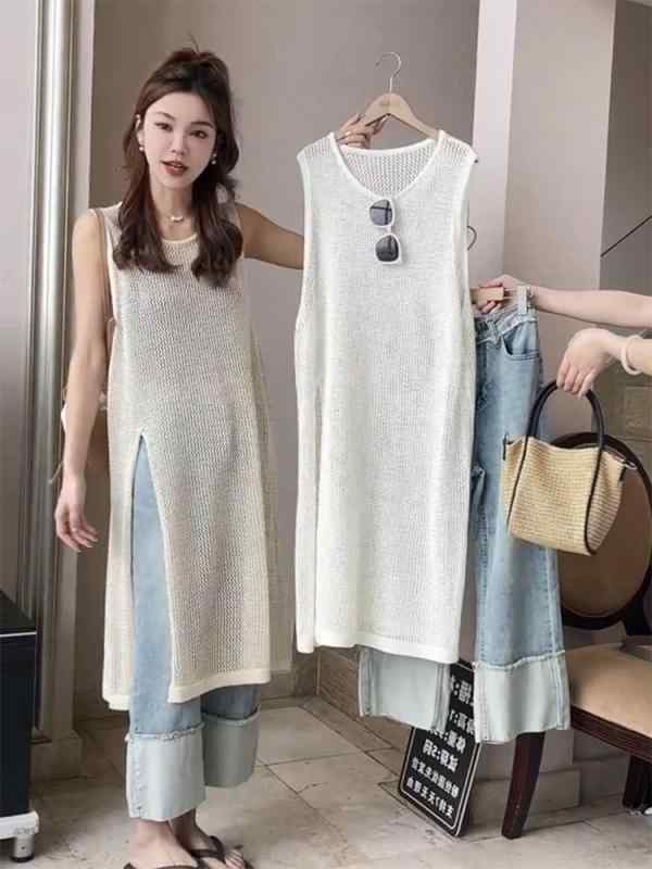 スタイル: オフィス シルエット: ゆったり デザイン: レーザーカット 袖丈: ノースリーブ 首元: クルーネック 着丈: ミディアム丈 タイプ: プルオーバー 厚さ: 薄手 柄: 無地 サイズ: S.M.L.XL カラー: アプリコット...