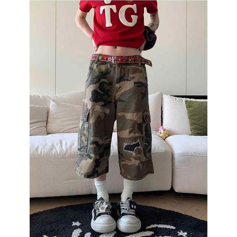 シルエット: ストレート パンツタイプ: カーゴパンツ デザイン: ダメージ加工 フロント: ファスナー 加工: ウォッシュ加工 ウエスト: ミドルウエスト パンツ丈: 七分丈 サイズ: 3XL.2XL.XL.S.M.L スタイル: カジュ...