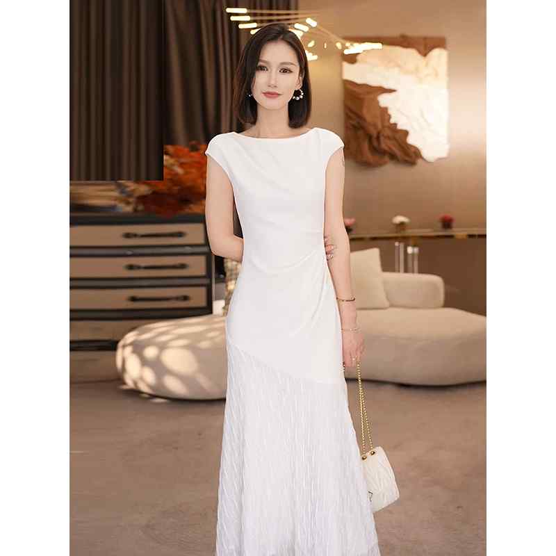 スタイル: オフィス テイスト: 韓国 デザイン: 45度斜めカット.不規則デザイン ウエストタイプ: ハイウエスト 柔らかさ: 普通 素材: ポリエステル 袖丈: 半袖 ワンピース丈: ロング シルエット: Hライン サイズ: 2XL.S...