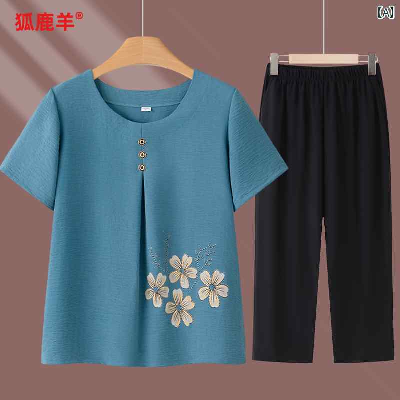 シルエット: ゆったり パンツ丈: 九分丈 袖タイプ: レギュラー セット内容: 2点セット 厚さ: 薄手 ネックタイプ: クルーネック 着丈: レギュラー サイズ: XL.2XL.3XL.4XL.5XL カラー: ライトブルー（花柄）+パ...