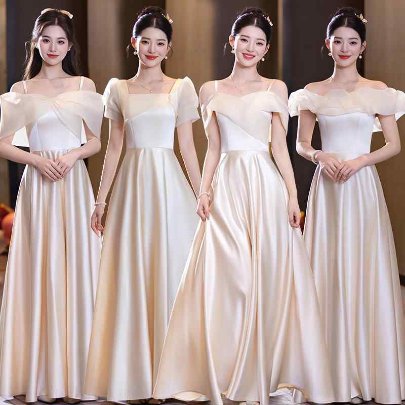 デザイン: ひも付き シルエット: Aライン ウエスト: ミドルウエスト スタイル: 韓国 タイプ: オフショルダー スカート丈: ロング サイズ: XS.S.M.L.XL.2XL カラー: シャンパン.各デザインのミディアム丈・ロング丈