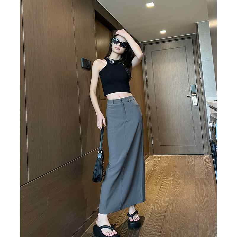 サイズ: S.M.L.XL.2XL 柄: 無地 スタイル: 韓国 ウエストタイプ: ハイウエスト カラー: グレー（通常丈）.グレー（ロング丈） スカートタイプ: ストレートスカート スカート丈: ミディアム丈 シルエット: Hライン 素材...