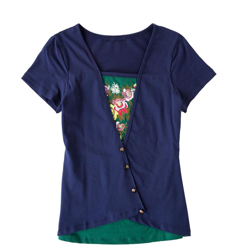 サイズ: M.L.XL.2XL.3XL.4XL.5XL.6XL 柄: 切り替え.パッチワーク.植物柄・花柄 スタイル: オフィス向け デザイン: レースアップ.ボタン.リボン.パッチワーク.刺繍入り カラー: ブラック（半袖）.ロイヤルブル...