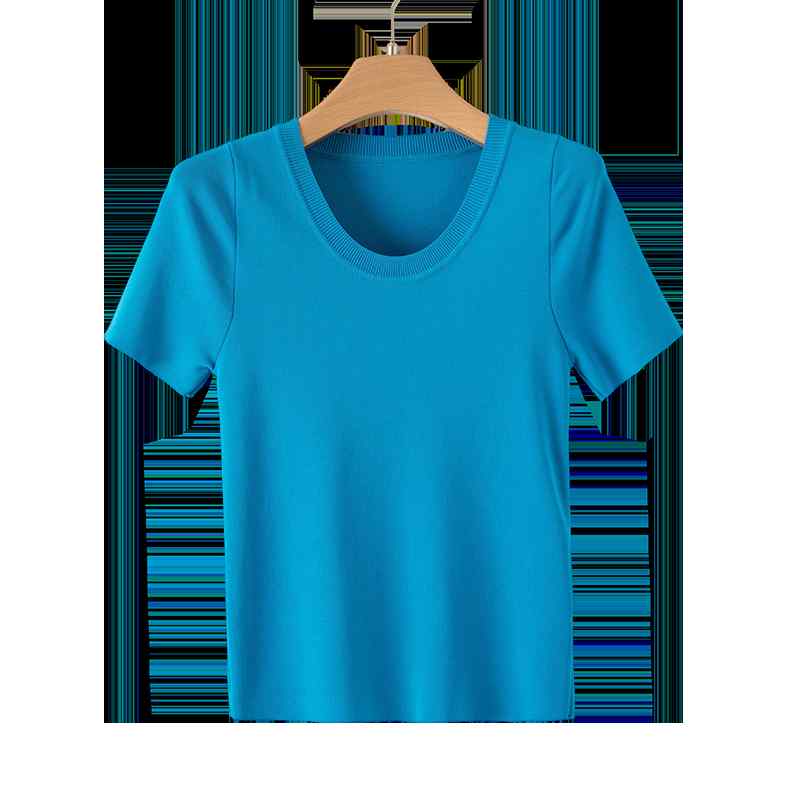 スタイル: オフィス デザイン: シンプル 素材: レーヨン65.5%.ナイロン34.5% 仕様: プルオーバー 袖丈: 半袖 ネックライン: クルーネック 着丈: ショート丈 柄: 無地 サイズ展開: S.M.L カラー: ブルー