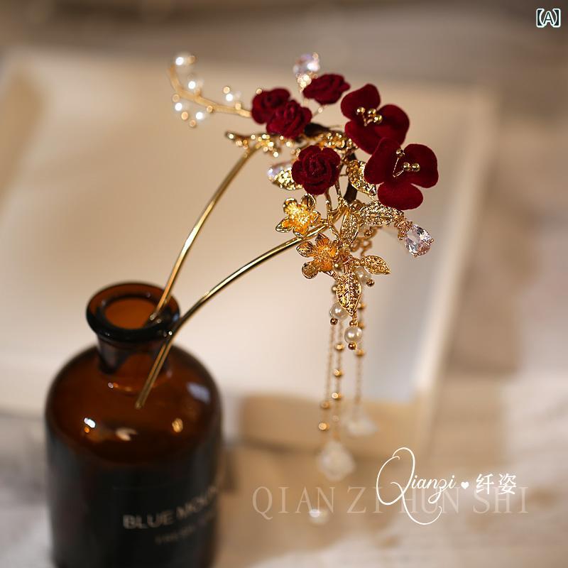 材質: ビーズ スタイル: 民族風 カテゴリー: ヘアアクセサリーセット カラー: ローズフラワータッセルヘアピン.ローズフラワータッセルヘアクリップ.ローズフラワータッセルヘアピン＋タッセルヘアクリップ 装飾: 非装飾