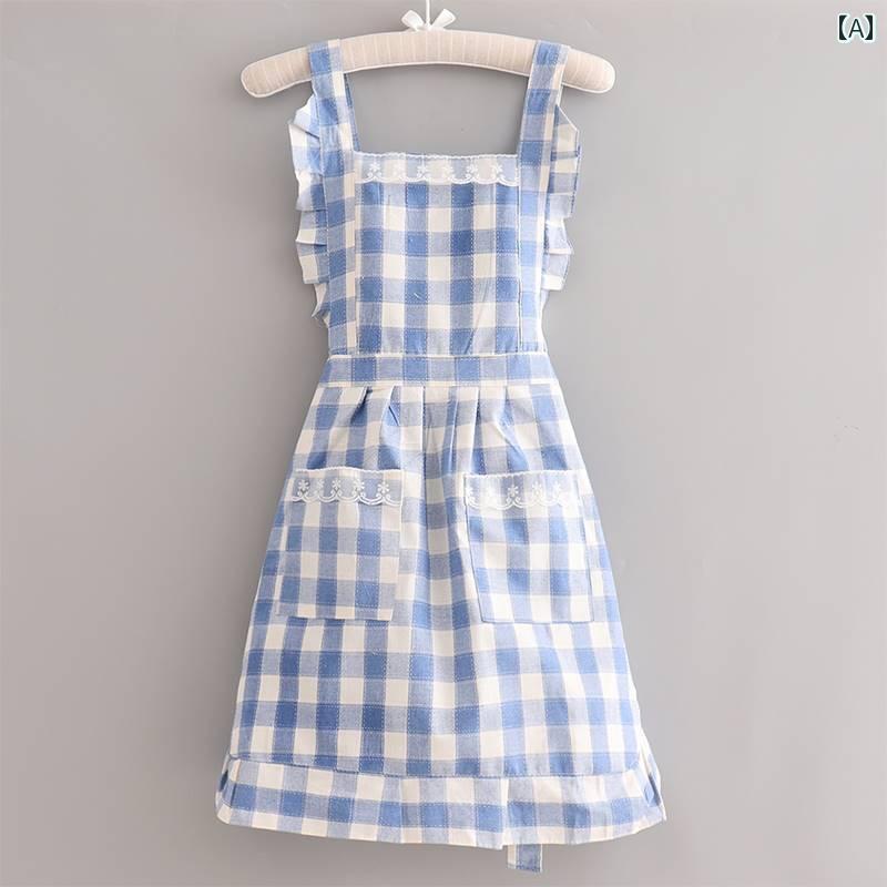カラー: 天ブルーレース格子.ブラック＆ホワイトレース格子.レッドブラウンレース格子.コーヒーカラーレース格子 素材: 綿 デザイン: プリンセスエプロン 付属品: エプロン単品またはエプロン＋スリーブカバーセット