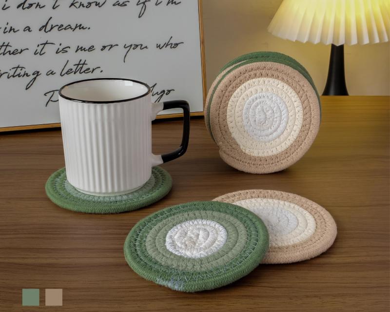 材質: 綿麻 形状: 円形 デザイン: ナチュラルで爽やかな カラー: 抹茶ロール カップコースター 1枚.スイスロール カップコースター 1枚.抹茶ロール カップコースター 2枚.スイスロール カップコースター 2枚.抹茶ロール カップコ...