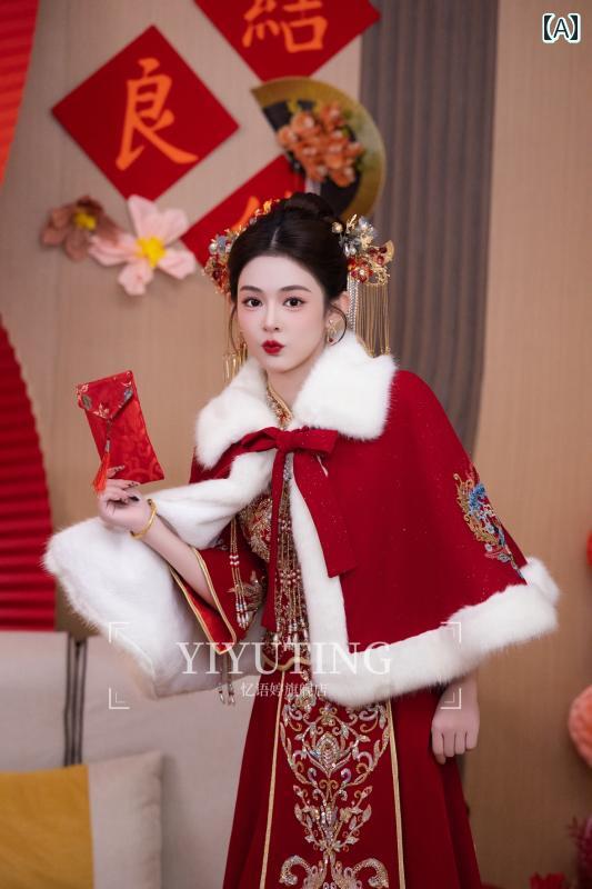 ・スタイル: 中国風・タイプ: ショール・素材: ポリアミド繊維(ナイロン)・長さ: 50cm・機能: 婚礼用途・柄: 植物花卉・性別: レディース・カラー展開: 加絨ショートケープ ワインレッド(刺繍花)、加絨ショートケープ ワインレッド...