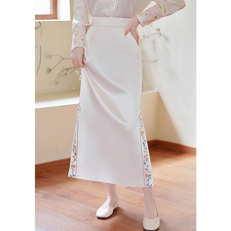 ・スタイル: 中国風・スカートタイプ: ストレートスカート・ウエスト: ハイウエスト・スカート丈: ミドル丈・サイズ展開: S, M, L, XL, 2XL・カラー展開: アプリコット, ブラック