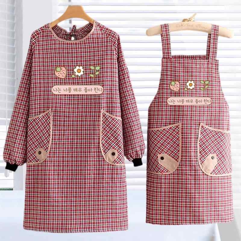 ・流行要素: 田園風 ・スタイル: 韓国 ・適用対象: 一般 ・エプロン分類: 袖付きエプロン ・素材: 純綿 ・用途: 防汚 ・サイズ: フリーサイズ ・カラー展開: 棗赤、コーヒー、赤、黒