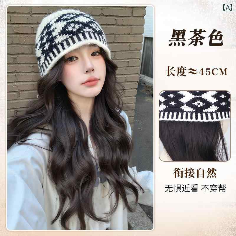 ・カテゴリ: ウィッグ・: 格子柄ニット帽一体型・ヘアスタイル: ロングカール・カラー展開: ブラックティーブラウン、クールブラウン