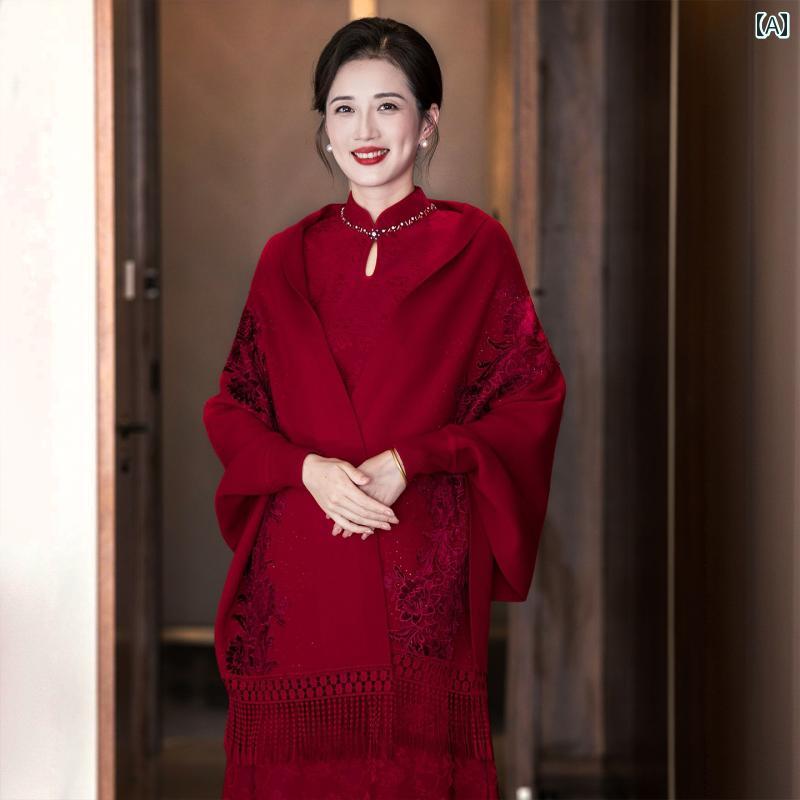 ・スタイル: 中国風・季節: 秋冬・種類: ショール・形状: 長方形・機能: 保温・詳細: フリンジ・対象: 中年、高齢者・性別: 女性・カラー展開: 紫、ワインレッド