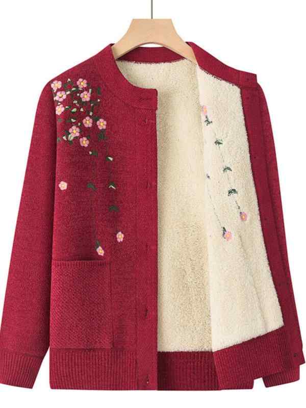 ・対象年齢: 60歳以上・サイズ展開: XL, 2XL, 3XL, 4XL, 5XL, 6XL・柄: 花柄・スタイル: 通勤・ネックライン: クルーネック・カテゴリ: ニット/カーディガン・開閉: シングルボタン・カラー展開: ワインレッド...