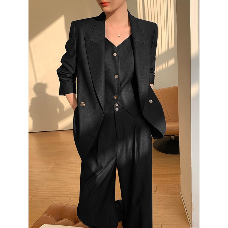 ・対象年齢: 25-29歳・サイズ展開: S, M, L, XL, 2XL・主な素材: ポリエステル95%, ポリウレタン5%・スタイル: ・ネックライン: テーラードカラー・前開き: ダブルボタン・カラー展開: ブラック3点セット, ブラ...