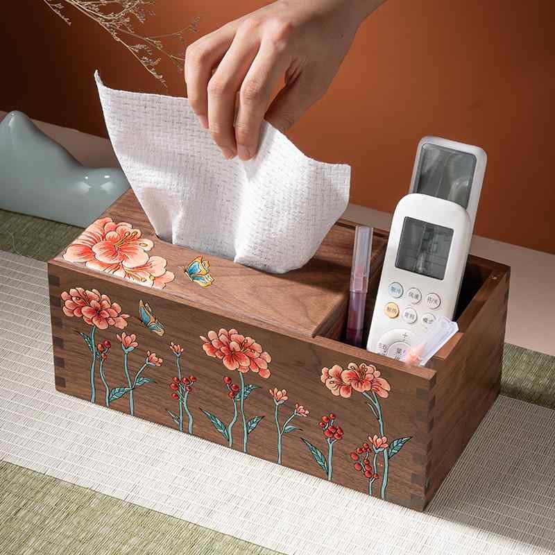 ・流行要素: 中国風・スタイル: レトロ・用途: リモコン収納・設置場所: デスクトップ・対象: 一般・形状: 長方形・層数: 単層・素材: 木製・加工: 無垢材ほぞ継ぎ・カラー: 蝶舞花間 - 北米ブラックウォールナット材ティッシュボックス