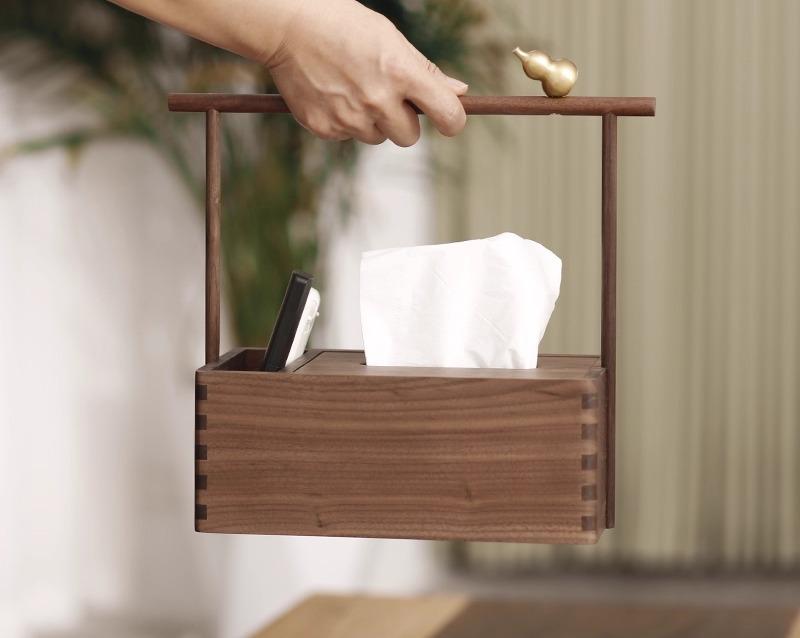 ・カテゴリ: 持ち手付きティッシュボックス・スタイル: レトロ風・主な素材: ブラックウォルナット・バリエーション展開: 喜来 基礎モデル、福来 基礎モデル、喜来 多機能モデル、福来 多機能モデル