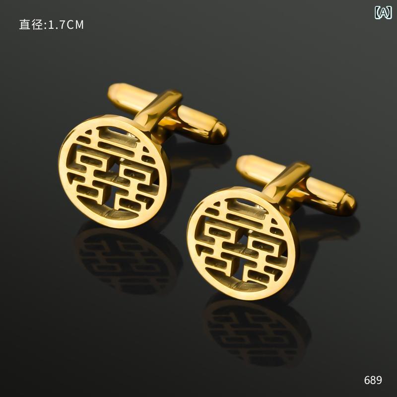 ・素材: 銅・展開: 金色丸型喜字カフス, 金色角型喜字カフス, 赤地金色丸型喜字カフス, 赤地銀色丸型喜字カフス, 透かし吉祥花紋カフス, 赤地金色角型喜字カフス, 赤地銀色角型喜字カフス, 福字カフス, 喜字側面ローレット加工カフス