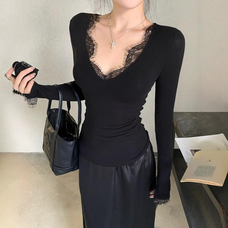 ・流行要素: レース・スタイル: 韓国・シルエット: スキニーフィット・袖のタイプ: レギュラー・厚さ: 普通・袖丈: 長袖・ネックライン: Vネック・着丈: レギュラー丈・柄: 無地・サイズ展開: S, M, L, XL・カラー展開: ブ...
