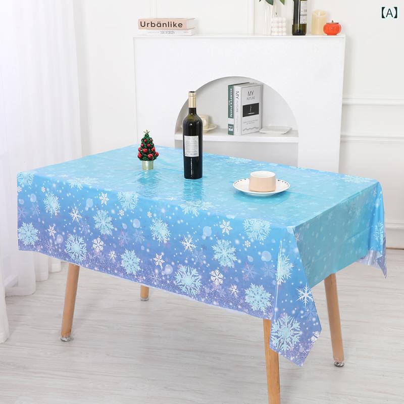 ・素材: PE・カテゴリ: テーブルクロス・形状: 長方形・カラー: ブルー（雪花柄）・サイズ: 137×274cm・機能: 滑り止め、耐摩耗、防塵、耐熱、撥油、装飾、断熱・スタイル: モダン、シンプル・柄: 雪の結晶