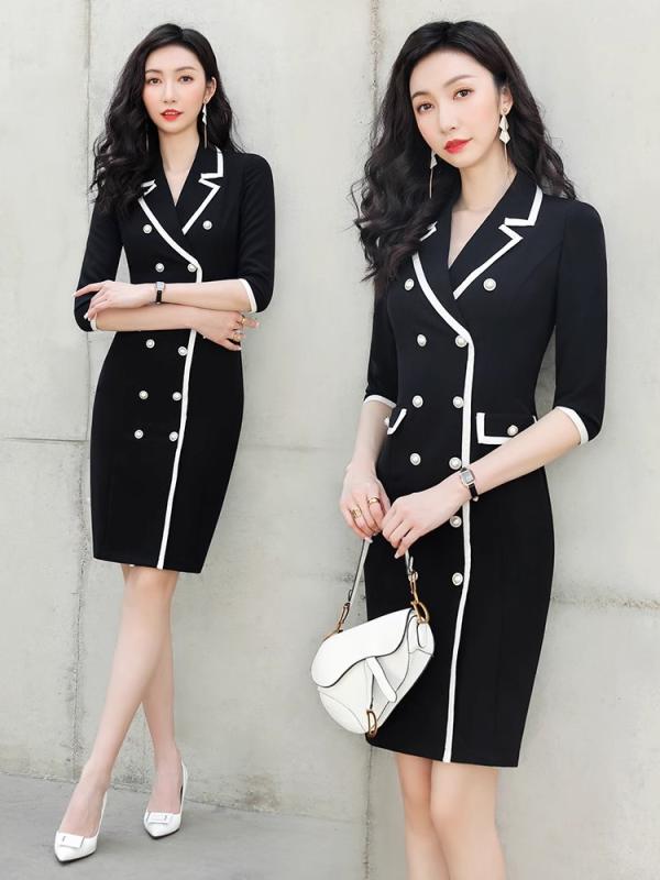 ・カテゴリ: ワンピース・スタイル: 通勤、エレガント・素材: ポリエステル、ポリウレタン・ネックライン: Vネック・袖丈: 五分袖・スカート丈: ロング・スカートタイプ: タイト・ウエストライン: ミドルウエスト・前開き仕様: ダブルボタ...