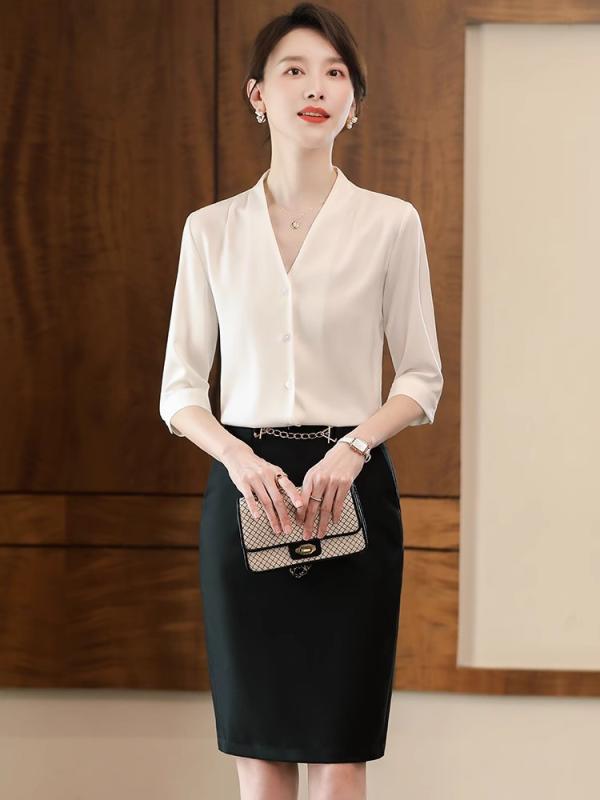 ・主な素材: ポリエステル 80%-90%・カラー展開: シャツ、スカート、シャツ+スカート・サイズ展開: S、M、L、XL、XXL・スカート丈: ミニ丈・袖丈: 五分袖・スタイル: OL通勤