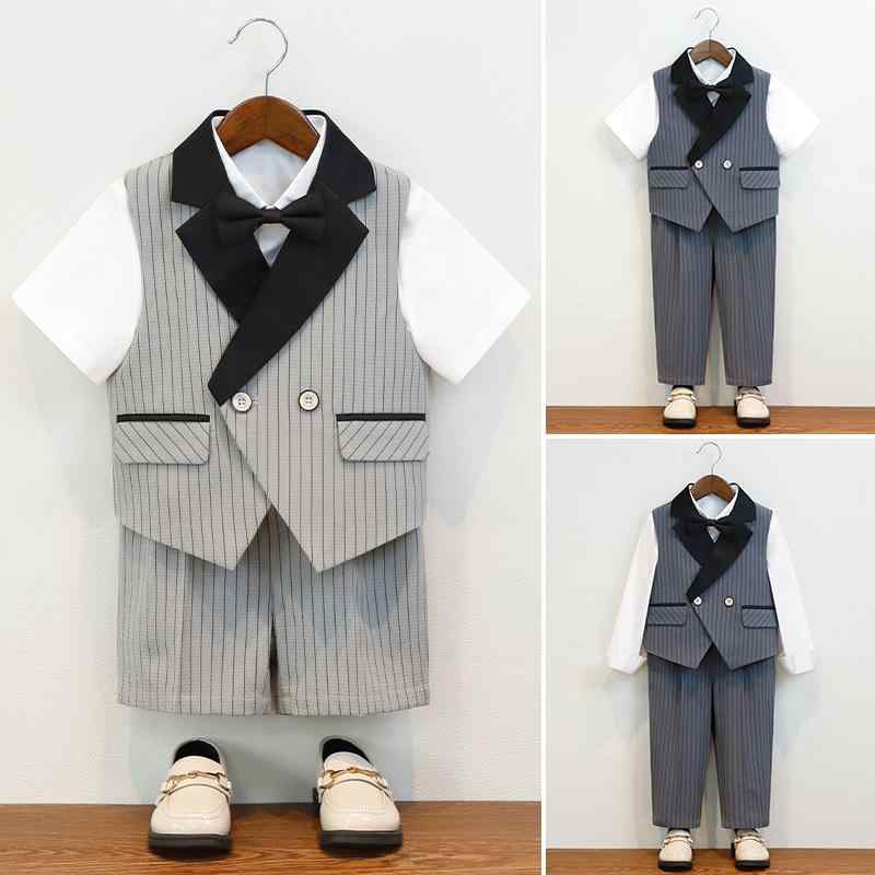 ・対象: 男の子・対象年齢: 約3〜8歳・襟の: テーラードカラー・スタイル: ブリティッシュスタイル、セットアップ・柄: ストライプ・生地の厚さ: 普通・加工: 酵素洗い・袖丈: ノースリーブ、長袖、半袖・メイン素材: ポリエステル 70...