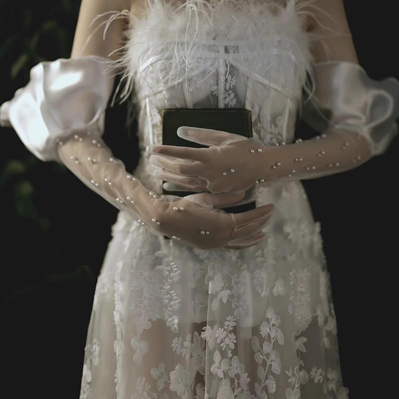 ・対象: レディース・機能: 装飾・カラー: ホワイト・スタイル: ロング、5本指、