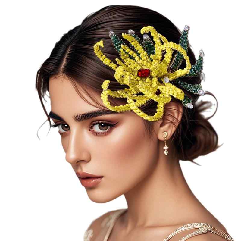 ・カテゴリ: ヘアアクセサリー・スタイル: フェミニン、ボヘミアン、エスニック、清楚、ガーリー、フェアリー・主な素材: ラインストーン・: フラワーモチーフ・加工: ハンドメイド・装飾: ビーズ・カラー: イエロー