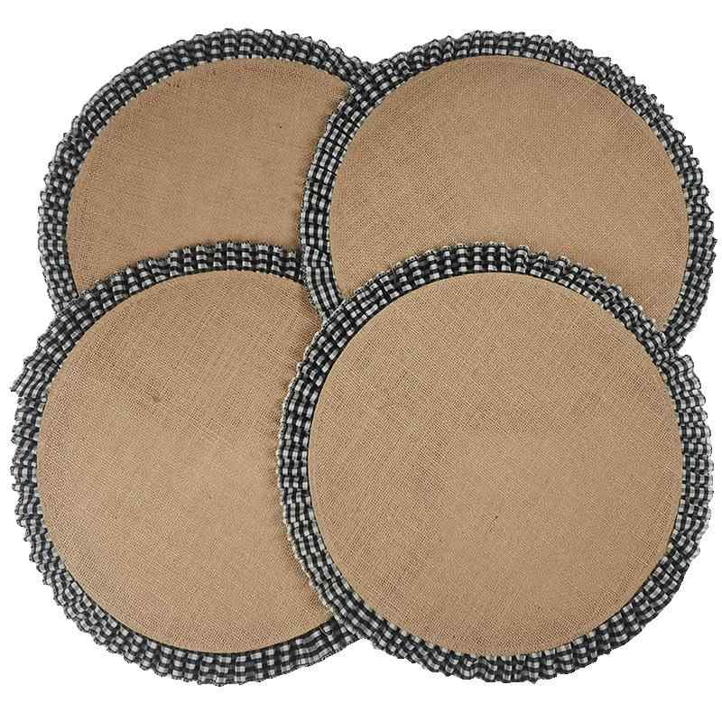 ・カテゴリ: ランチョンマット・主な素材: 黄麻・スタイル: 田園風、レトロ、カントリー、洋風・形状: 円形・柄: チェック・カラー展開: ブラック×ホワイト、レッド×ホワイト・: フリル