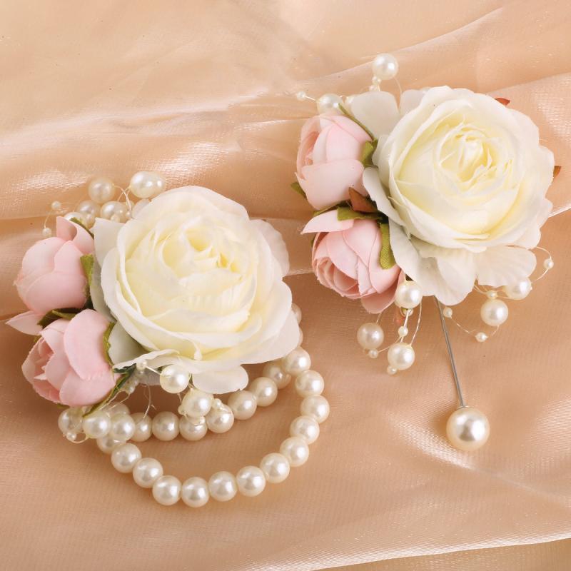 ・素材: サテンリボン・加工: ハンドメイド・スタイル: 韓国・使用シーン: ウェディング、結婚式・カラー展開: ピンク、ダークレッド、オフホワイト、スモーキーブルー・サイズ: コサージュ（約10.5cm×8cm）、リストブーケ（約8cm×...