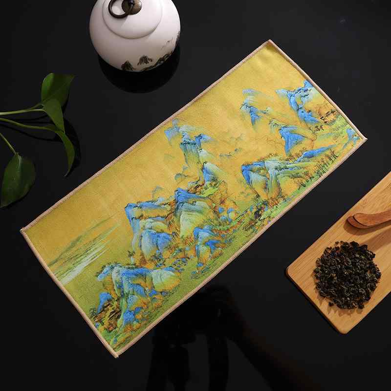 ・カテゴリ: 茶巾・素材: サンゴフリース・糸の加工: コーマ糸・製法: 平織り・カラー展開: 清明上河、千里江山、樹下聴阮、合友聴琴、鶴鳴山水、春江泛舟、喜上枝頭、唐宮夜宴、鵲華秋色、花開富貴、詠荷魚趣・サイズ: 30×16cm