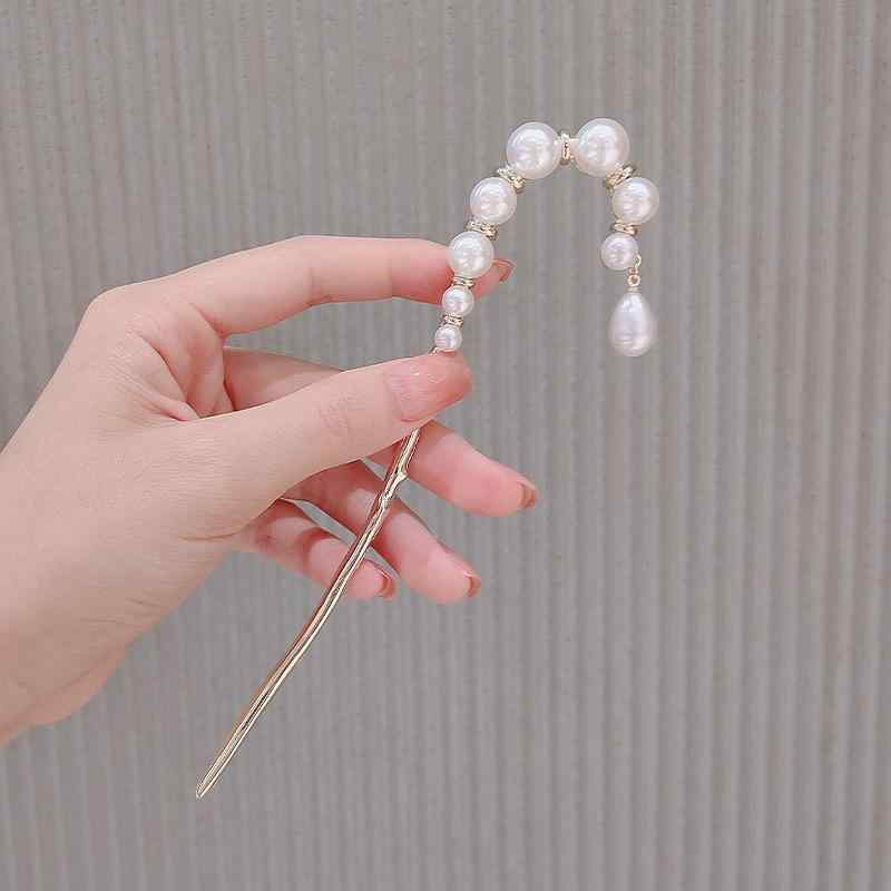 ・素材: 合金・スタイル: レトロ・: 幾何学型・加工: ハンドメイド・カラー: パールチャーム付きかんざし・カテゴリ: ヘアアクセサリー