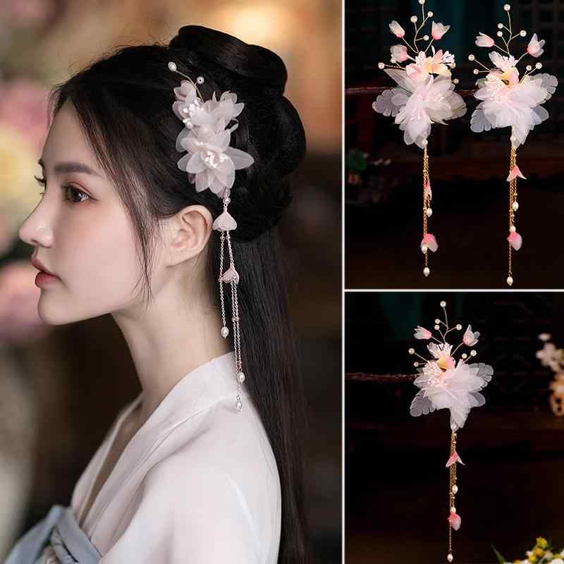 ・カテゴリ: ヘアアクセサリー・素材: 合金・スタイル: シンプル、文芸レトロ、宮廷風・モチーフ: 花、タッセル・ヘアクリップ分類: ペアクリップ・カラー展開: ピンク・対象: レディース