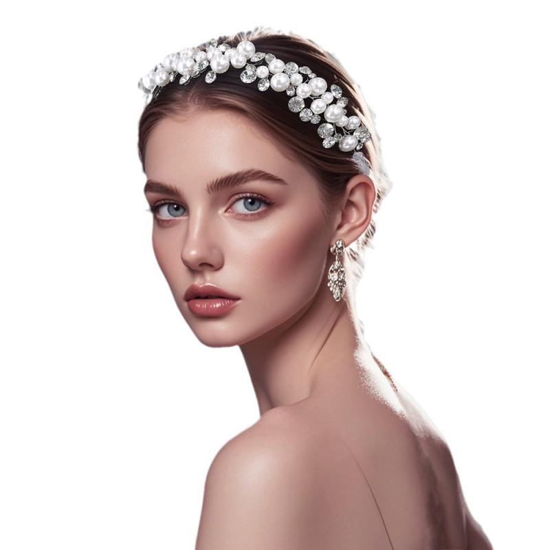 ・カテゴリ: ヘアアクセサリー・素材: 合金・種類: カチューシャ、ヘアバンド・スタイル: 欧米風・対象: レディース・形状: ウェーブ・柄: チェック・カラー: シルバー（ホワイトオーガンジーリボン付）・要素: 金属、パール、ラインストー...