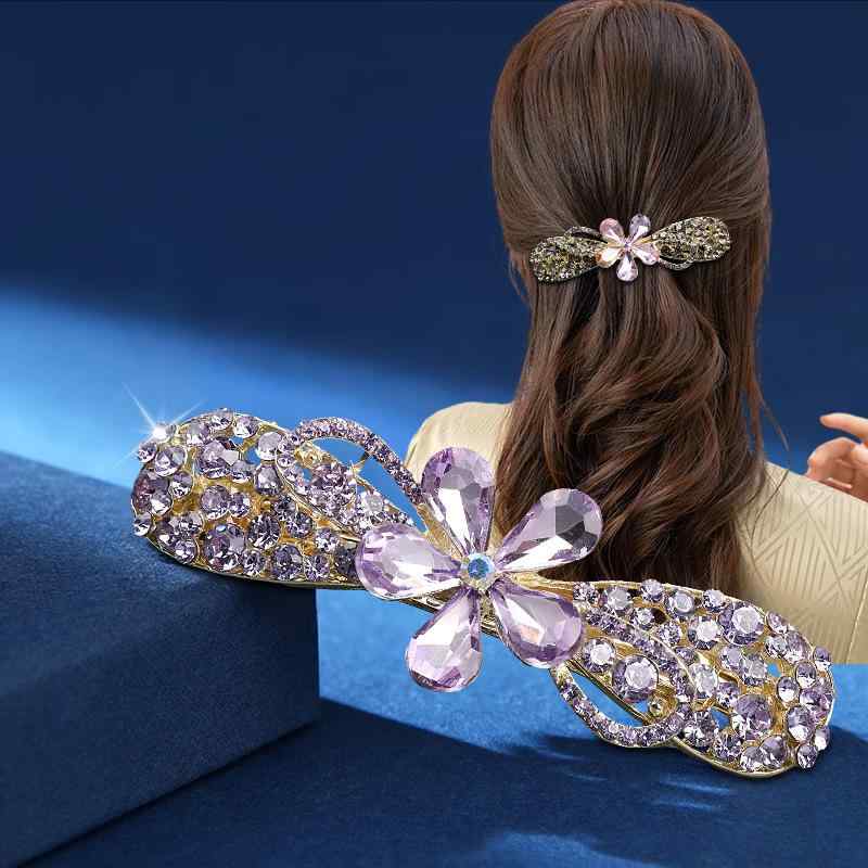 ・カテゴリ: ヘアアクセサリー・スタイル: ファッション、通勤・素材: 亜鉛合金・加工: メッキ・種類: バレッタ・: リボン、花・用途: ハーフアップ・カラー展開: マルチカラー、パープル、ピンク、グレー・対象: 女性