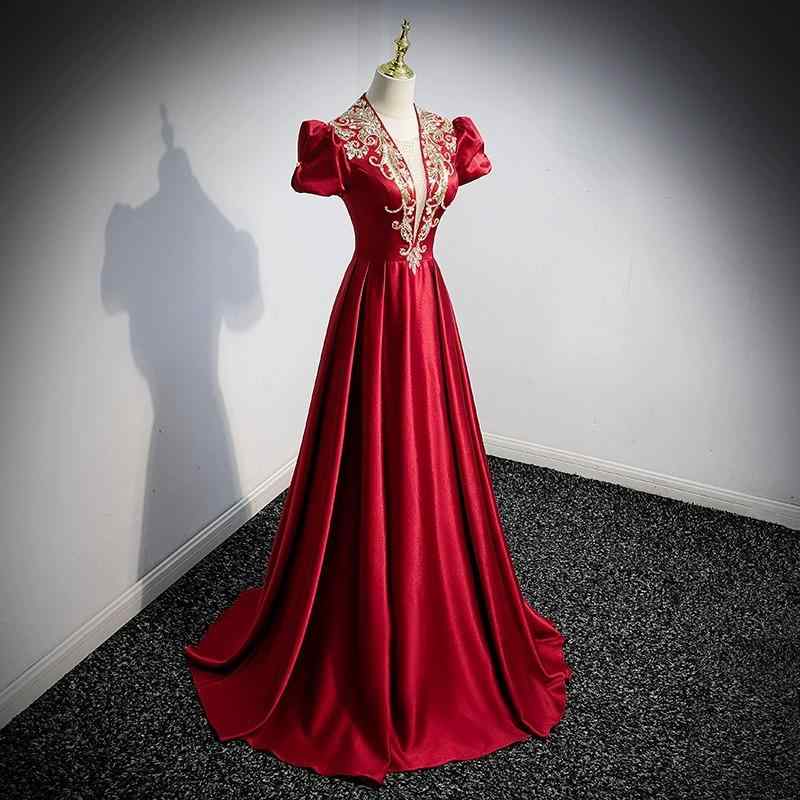 ・カテゴリ: 礼服、晩装・ネックライン: 深Vネック・襟型: 斜襟・袖丈: 半袖・カラー: 酒紅色・サイズ展開: XS、S、M、L、XL、XXL、XXXL・着用シーン: 婚礼・スカート丈: ロング丈・ウエスト: 中間・トレンド: 綁帯・袖型...