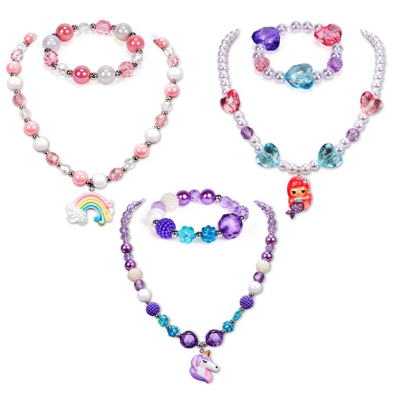 G.C ガールズプリンセスネックレスブレスレット カラフルなユニコーン マーメイド レインボーペンダント キッズ ストレッチ チャンキー コスチューム ジュエリー ギフト パーティー 記念品ユニークなデザイン - かわいいユニコーンマーメイ...