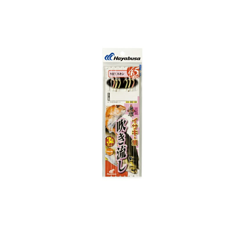 仕様表Hayabusaハヤブサ　海戦吹き流し MIXスキン4.5m●品番:SN132●鈎(号):3●ハリス(号):3●幹糸(号):3●製品形態:船・天秤式 全長4.5m●袋入り数: 3本鈎2セット●鈎種:オキアミ専用●色:金詳細はこちら
