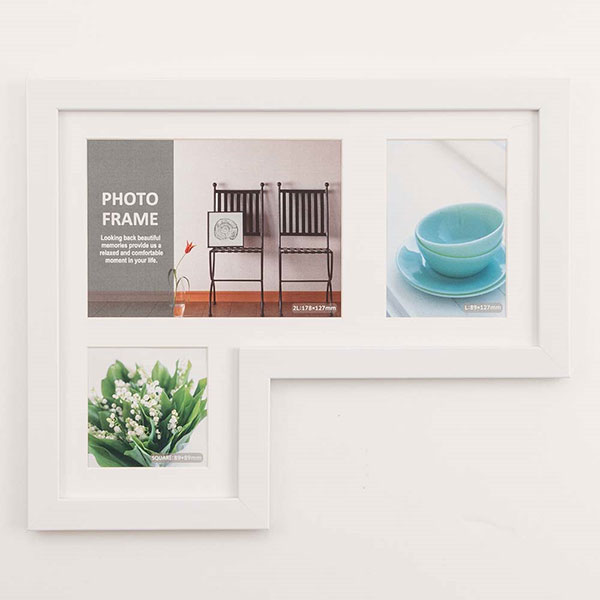 軽量の樹脂フレーム。Vマットを使用した多窓タイプ。複数の写真や絵を飾れます。組み合わせて飾ったL型フレームが部屋のアクセントになります。●規格：多窓●フレーム外形寸法：タテ296×ヨコ357×厚み11mm●本体重量：345g●マット窓：3窓...