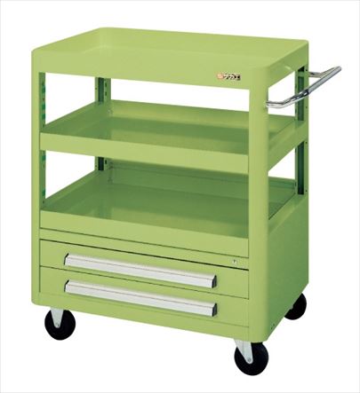一枚鋼板からの二重絞り一体成形品で、継目がなく非常に堅牢で、油漏れがありません。●外寸：W750×D500×H880mm●カラー：サカエグリーン●均等耐荷重：250kg●質量：44kg●キャスター：100φゴム車●固定棚・引出しの位置変更は...
