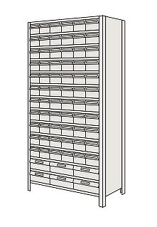 見出しがついている為、部品の管理に便利です。●寸法：W875×D450×H2100mm●段数：14段●耐荷重（棚1段当り）：100kg●本体色：グレー●セット内容（付属品）：見出しカード付ボックス72ヶ付（透明色）【※サカエ商品 価格改定の...