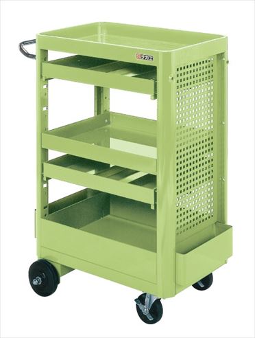 あらゆる場所で活躍の工具収納ワゴン●外寸：W600×D400×H915mm●カラー：サカエグリーン●均等耐荷重：200kg●質量：33kg●キャスター：100φ自在ストッパー付●ゴムキャスター：125φ固定キャスター付●パンチングパネル（2...