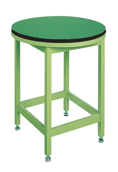 360度どの方向からも自由に作業が可能。軽い力で簡単に回転するため作業効率がグンとアップ。●外寸：φ590×H740mm●均等耐荷重：400kg●本体色：サカエグリーン●質量：28kg●天板サイズ：φ590×21mm●天板種類：改正RoHS...