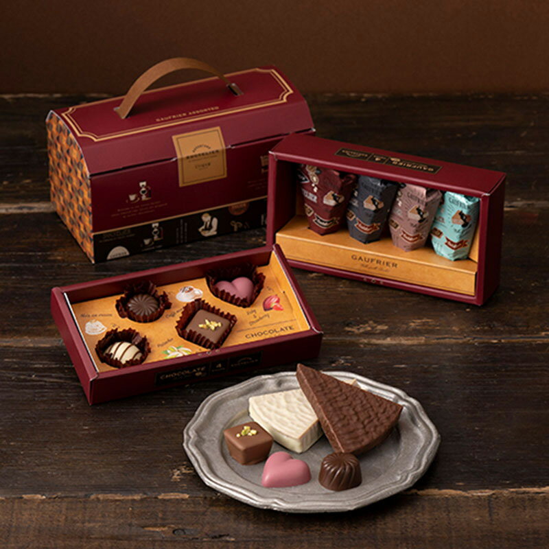 “お菓子の工房”をイメージしたパッケージ。レスポワール自慢の『ゴーフレール』とチョコレートを組み合わせました。バラエティ豊かなギフトアソートです。［内容］ゴーフレール×4個（バニラ・エスプレッソ・ストロベリー・キャラメルナッツ×各1個）、チ...