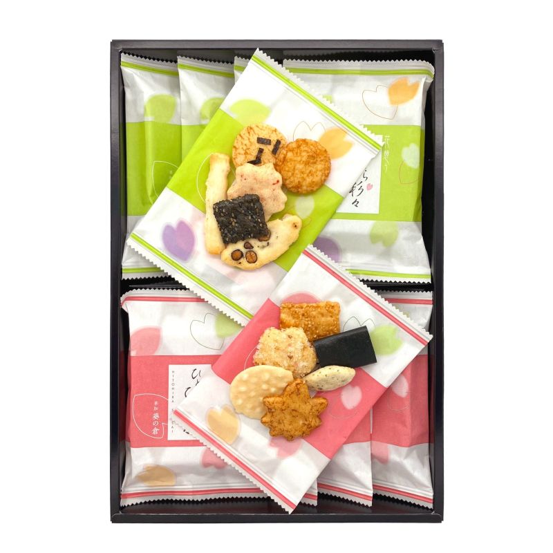 ［内容］2種10袋入 ［賞味・消費期限］製造加工日から90日 ［箱サイズ］33×22.5×7cm華やかなパッケージと色とりどりの米菓。 色とりどりの米菓が緑袋に6種類、赤袋に6種類入った、バラエティ豊かな詰合せです。