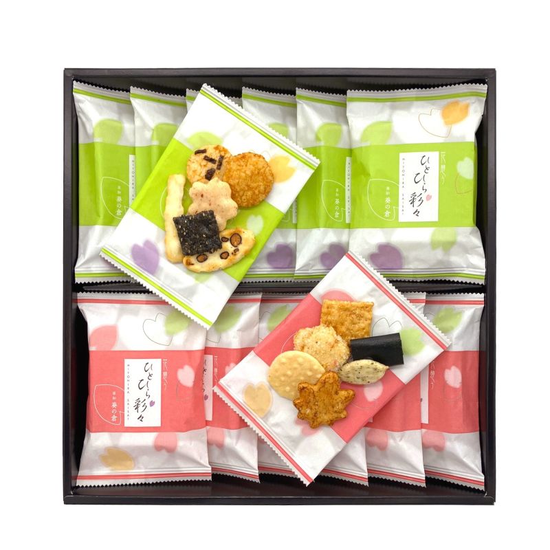 ［内容］2種14袋入 ［賞味・消費期限］製造加工日から90日 ［箱サイズ］32.5×32.5×7cm華やかなパッケージと色とりどりの米菓。 色とりどりの米菓が緑袋に6種類、赤袋に6種類入った、バラエティ豊かな詰合せです。