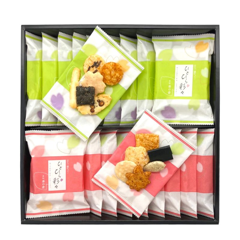 ［内容］2種20袋入 ［賞味・消費期限］製造加工日から90日 ［箱サイズ］32.5×32.5×9cm華やかなパッケージと色とりどりの米菓。 色とりどりの米菓が緑袋に6種類、赤袋に6種類入った、バラエティ豊かな詰合せです。