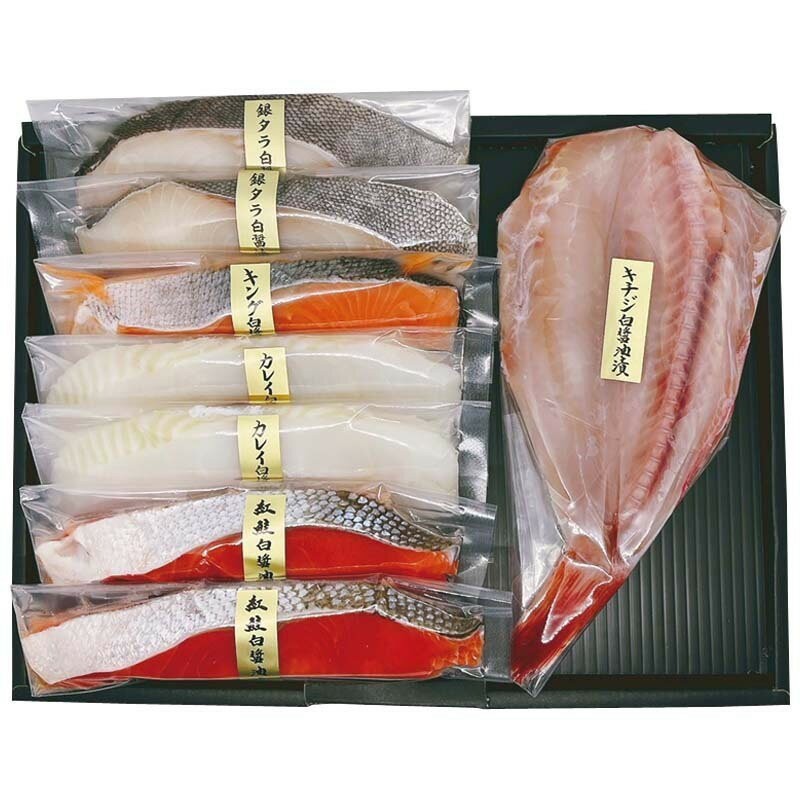 ［内容］白醤油漬(カレイ・銀タラ・紅鮭×各2、開き吉次・キングサーモン×各1) ［賞味・消費期限］冷凍60日 いつ食べても何度食べても飽きずに美味しく食べられる商品づくりを目指し、魚の食感や風味を最大限に生かすことを心がけ作られる自慢の魚漬...