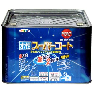 ●一般名:フッ素樹脂配合　水性シリコンアクリルペイント（JIS　K5663　1種）●規格:5L●標準塗り面積:一般色（1回塗）36〜47m2、メタリック色（2回塗）19〜23m2●色:空色フッ素、シリコン架橋システム及び紫外線劣化防止剤配合...
