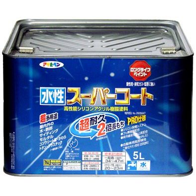 ●一般名:フッ素樹脂配合　水性シリコンアクリルペイント（JIS　K5663　1種）●規格:5L●標準塗り面積:一般色（1回塗）36〜47m2、メタリック色（2回塗）19〜23m2●色:銀黒フッ素、シリコン架橋システム及び紫外線劣化防止剤配合...